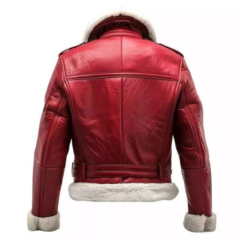 Men’s Red Leather Shearling Jacket - Christmas Style